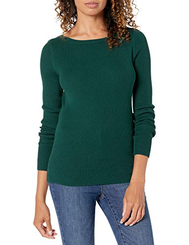 Amazon Essentials Women's Lightweight Ribbed Long-Sleeve Boat Neck Slim-Fit Sweater, Forest Green, Large