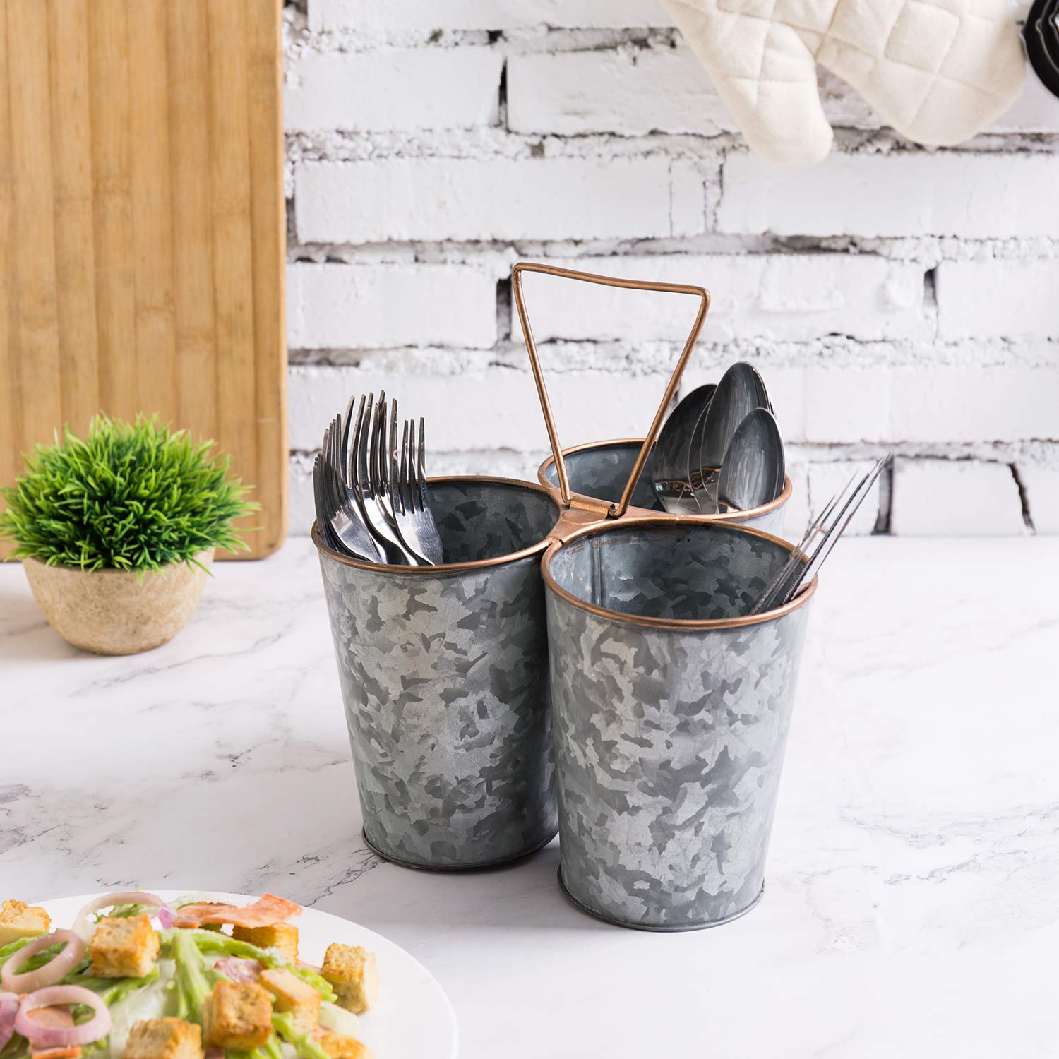 MyGift Galvanized Metal Utensil Holder Caddy with 3 Compartments, Copper Rim and Handle, Countertop Cutlery Storage, Flatware Organizer Holds Forks, Knives, Spoons - Handcrafted in India