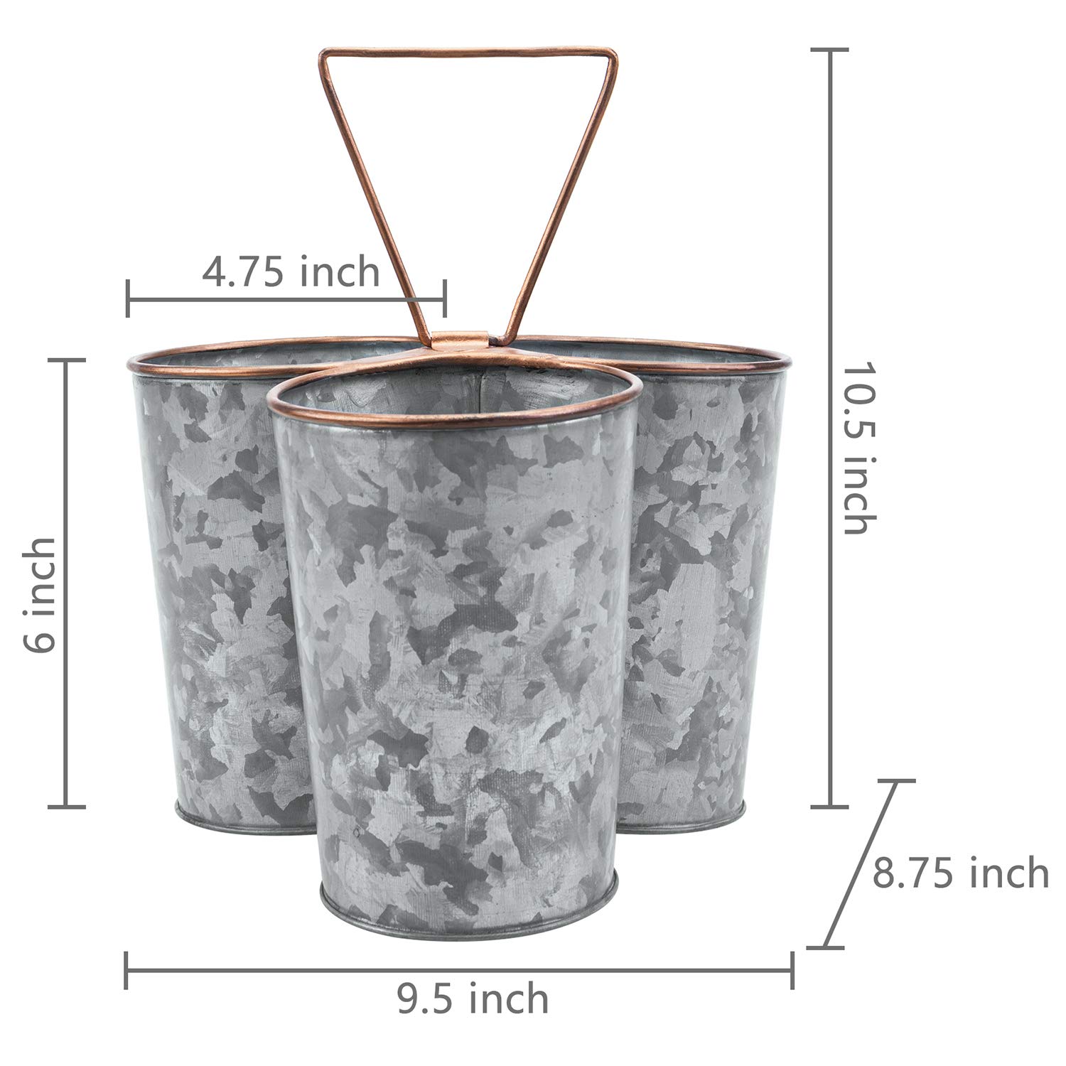 MyGift Galvanized Metal Utensil Holder Caddy with 3 Compartments, Copper Rim and Handle, Countertop Cutlery Storage, Flatware Organizer Holds Forks, Knives, Spoons - Handcrafted in India
