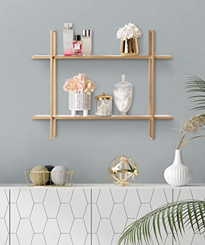 Kate and Laurel Leigh Wood and Metal Wall Shelf, 30" x 24", White and Gold, Unique Modern Glam Home Decor with Efficient Storage Shelves for Smaller Spaces