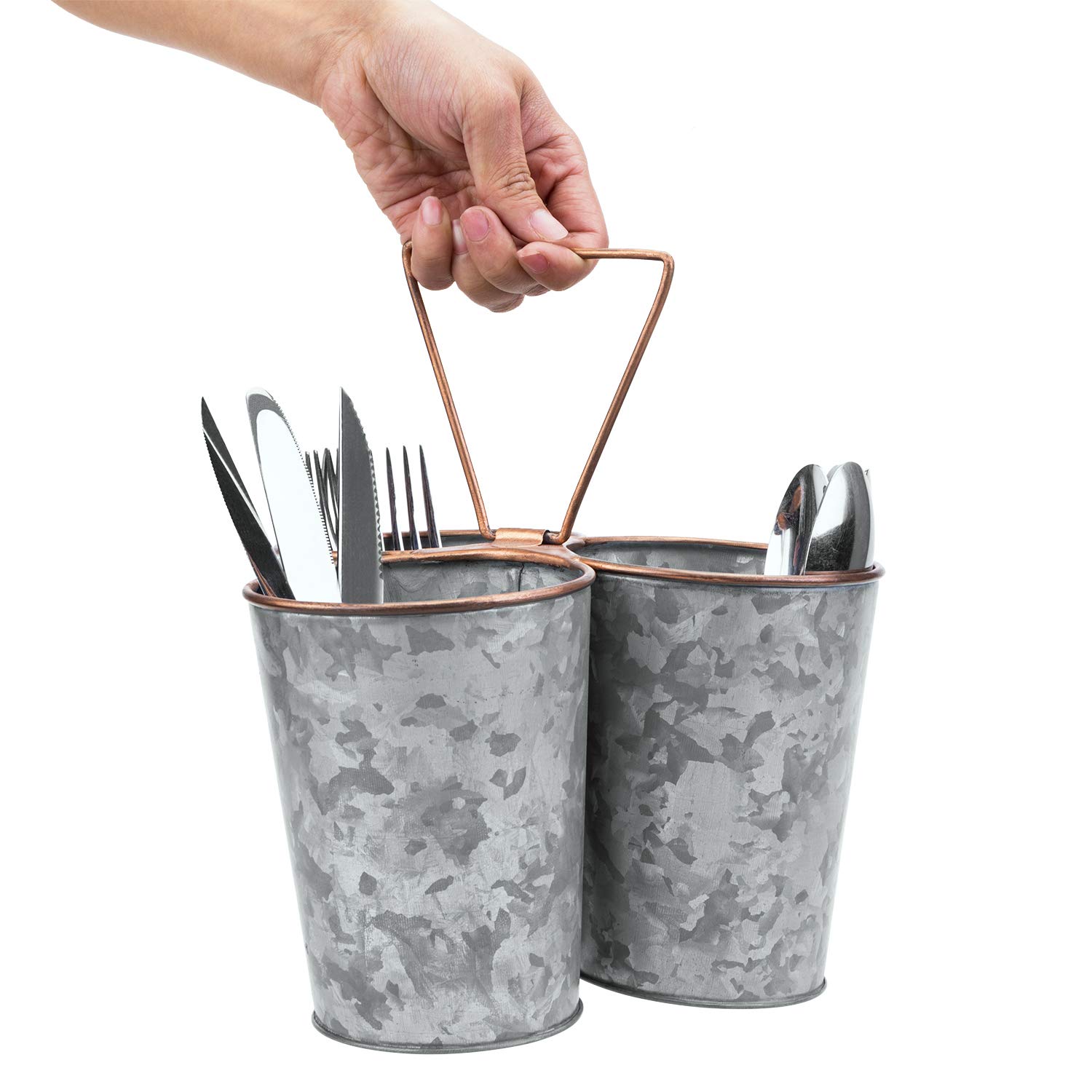 MyGift Galvanized Metal Utensil Holder Caddy with 3 Compartments, Copper Rim and Handle, Countertop Cutlery Storage, Flatware Organizer Holds Forks, Knives, Spoons - Handcrafted in India