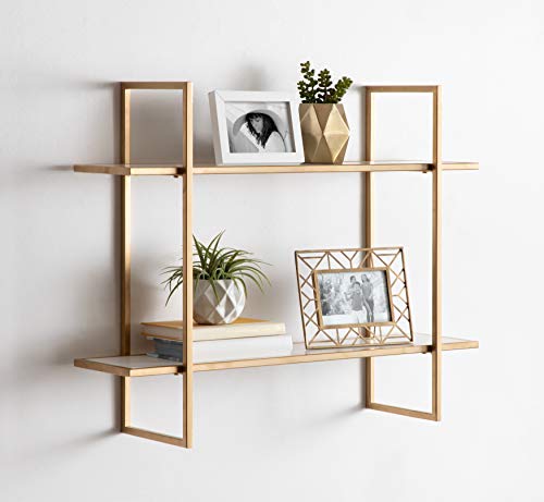 Kate and Laurel Leigh Wood and Metal Wall Shelf, 30" x 24", White and Gold, Unique Modern Glam Home Decor with Efficient Storage Shelves for Smaller Spaces