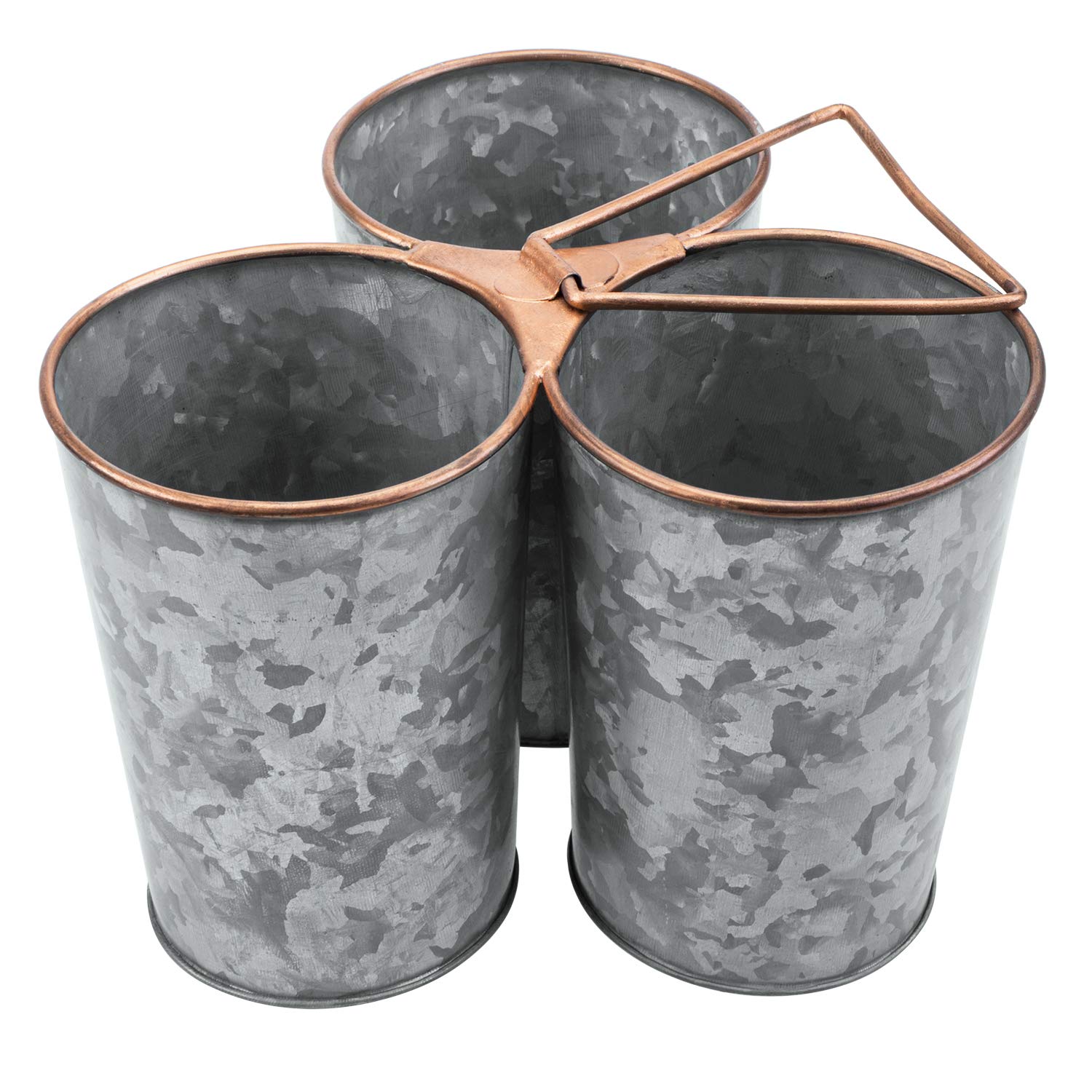 MyGift Galvanized Metal Utensil Holder Caddy with 3 Compartments, Copper Rim and Handle, Countertop Cutlery Storage, Flatware Organizer Holds Forks, Knives, Spoons - Handcrafted in India