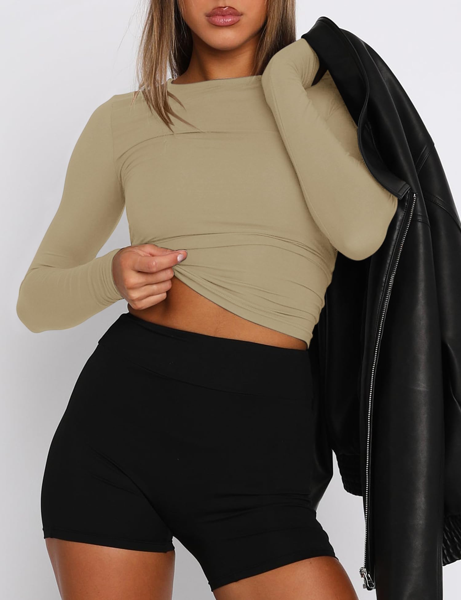 AKEWEI Women's Boat Neck Top Long Sleeve Tight Crop Tshirt Basic Slim Fit Tops Thermal Fitted Undershirt (Black&Khaki, S)