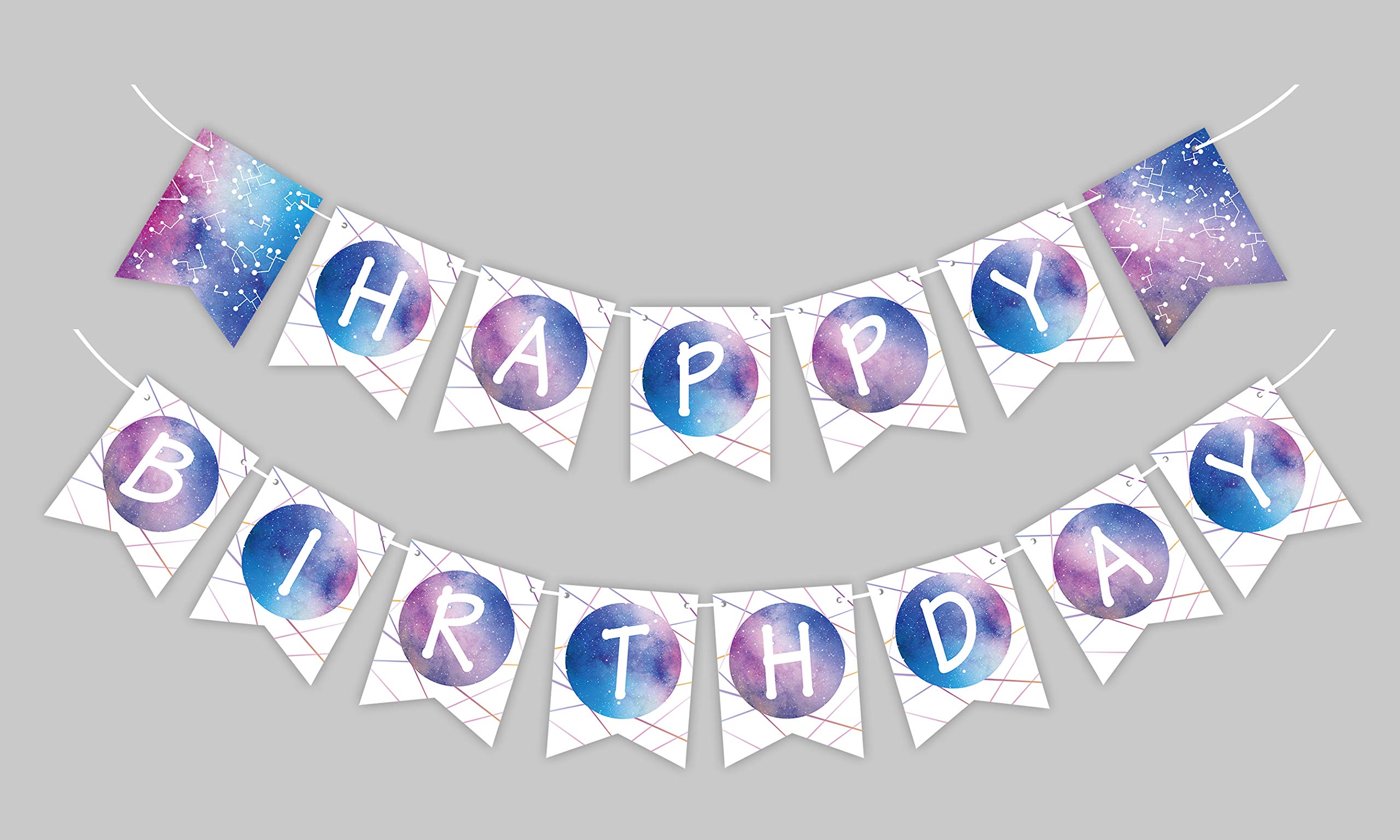 Pre-Strung Galaxy Stars Sky Birthday Banner, Ready to Hang Universe Space Bday Party Sign, Nebula Bunting