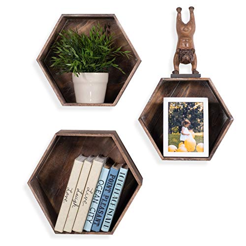 Rustic State Brooks Wall Mount Hexagon Honeycomb Box Geometric Floating Shelf Display Hanging Bookshelf Decorative Picture Ledge with Wood Back - Distressed Walnut - Multi Sizes - Set of 3