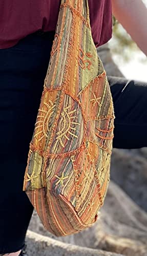 Orange Embroidered Peace and Sunrise Sling Boho Purse Handbag