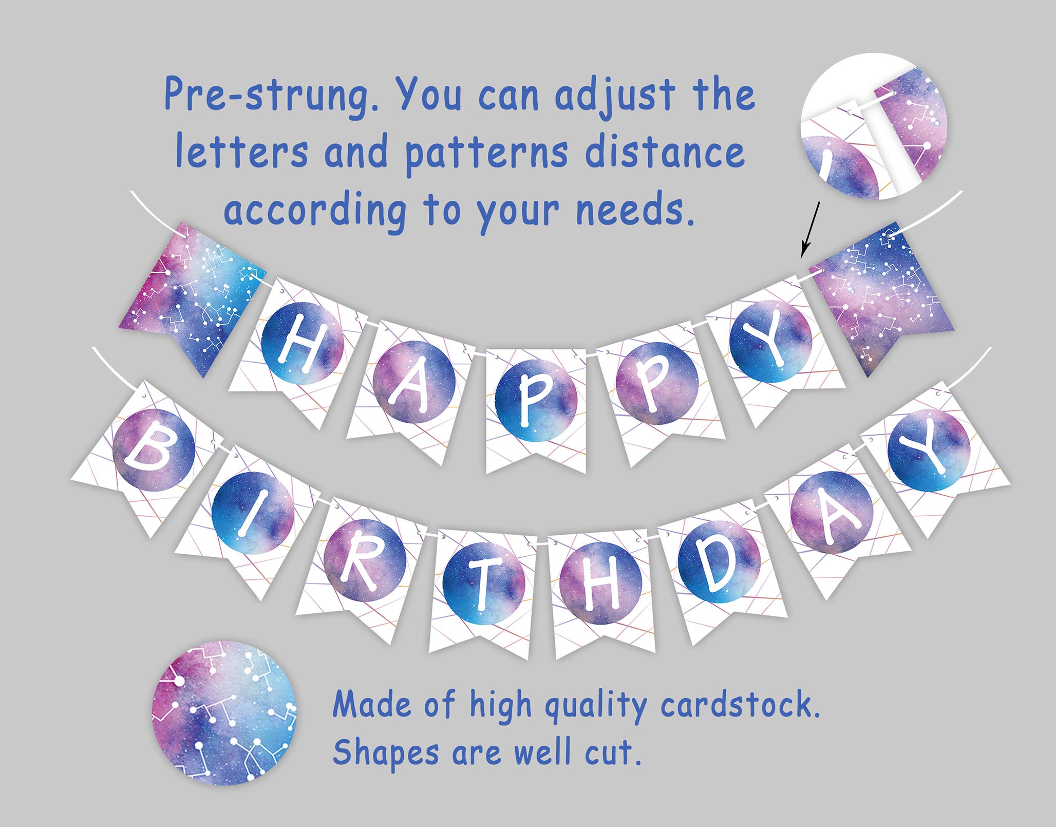Pre-Strung Galaxy Stars Sky Birthday Banner, Ready to Hang Universe Space Bday Party Sign, Nebula Bunting