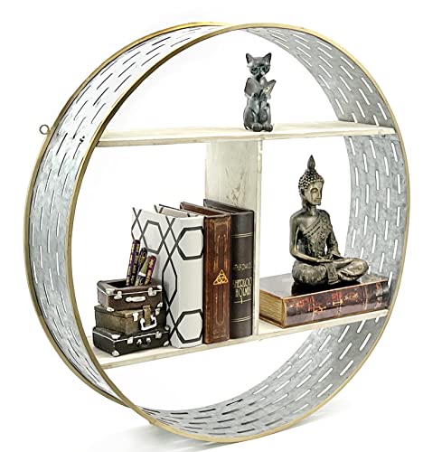 Bellaa 23899 Modern 3 Tier Floating Shelves Circle Decorative Display Rack Farmhouse Cottage Wall Mounted Living Room Bedroom Bathroom Kitchen Office Farmhouse Storage Frame Metal Wood 24 Inch
