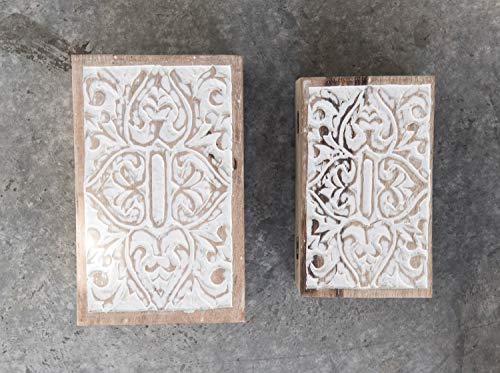 Creative Co-Op Handcarved & Whitewashed Mango Wood Boxes (Set of 2 Sizes) Misc Non-Food Storage, White, 2 Count