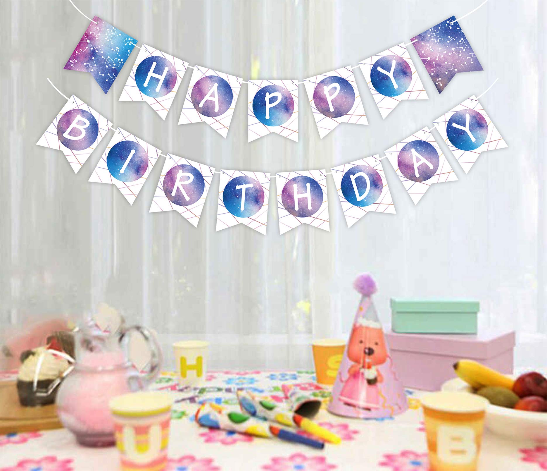 Pre-Strung Galaxy Stars Sky Birthday Banner, Ready to Hang Universe Space Bday Party Sign, Nebula Bunting