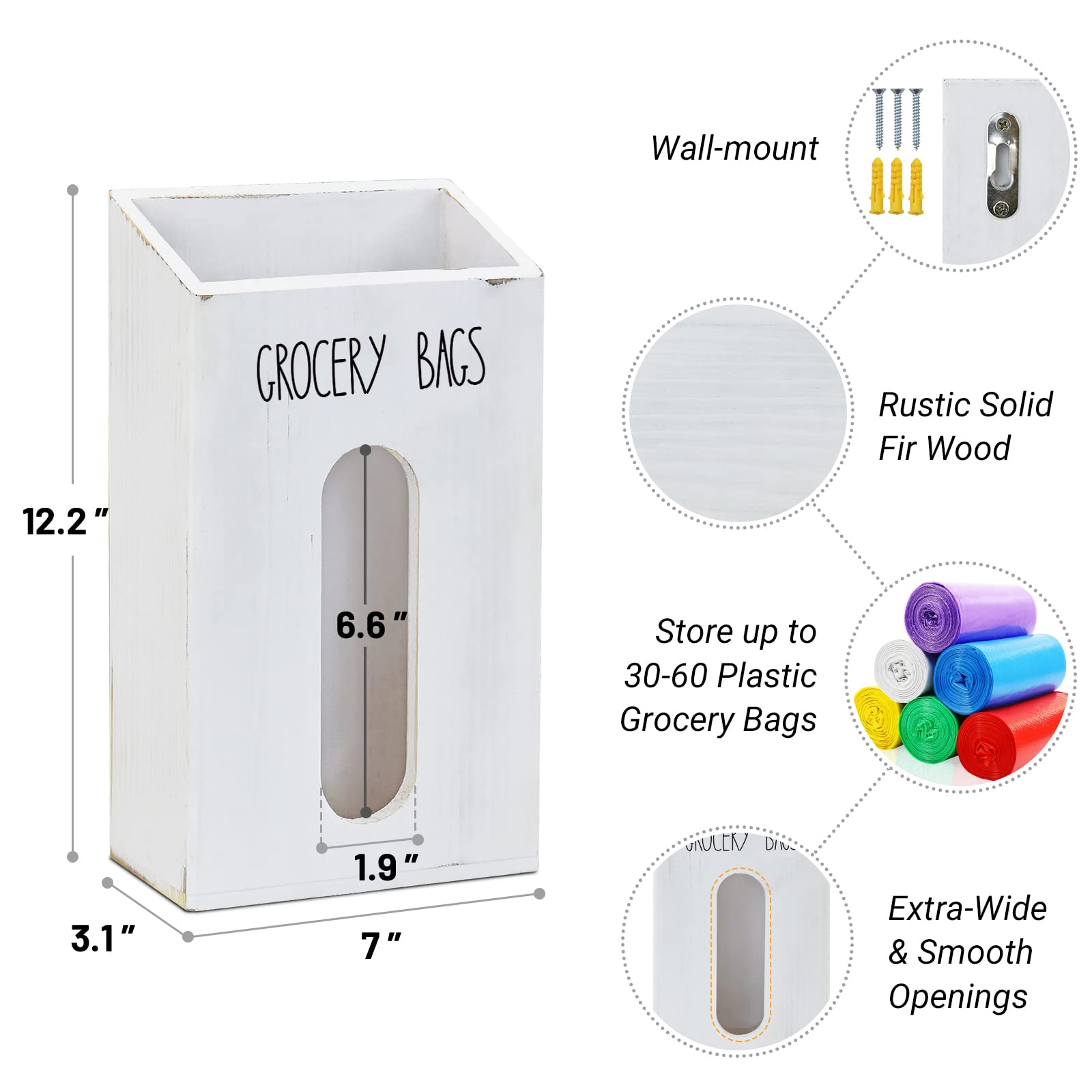Farmhouse Wooden Grocery Plastic Bag Holder and Dispenser, Wall Mount Plastic Bag Holder with Extra-Wide & Easy-Access Openings, Garbage Bag Dispenser Anti-Fingerprint Rustic White Finish Bags Saver