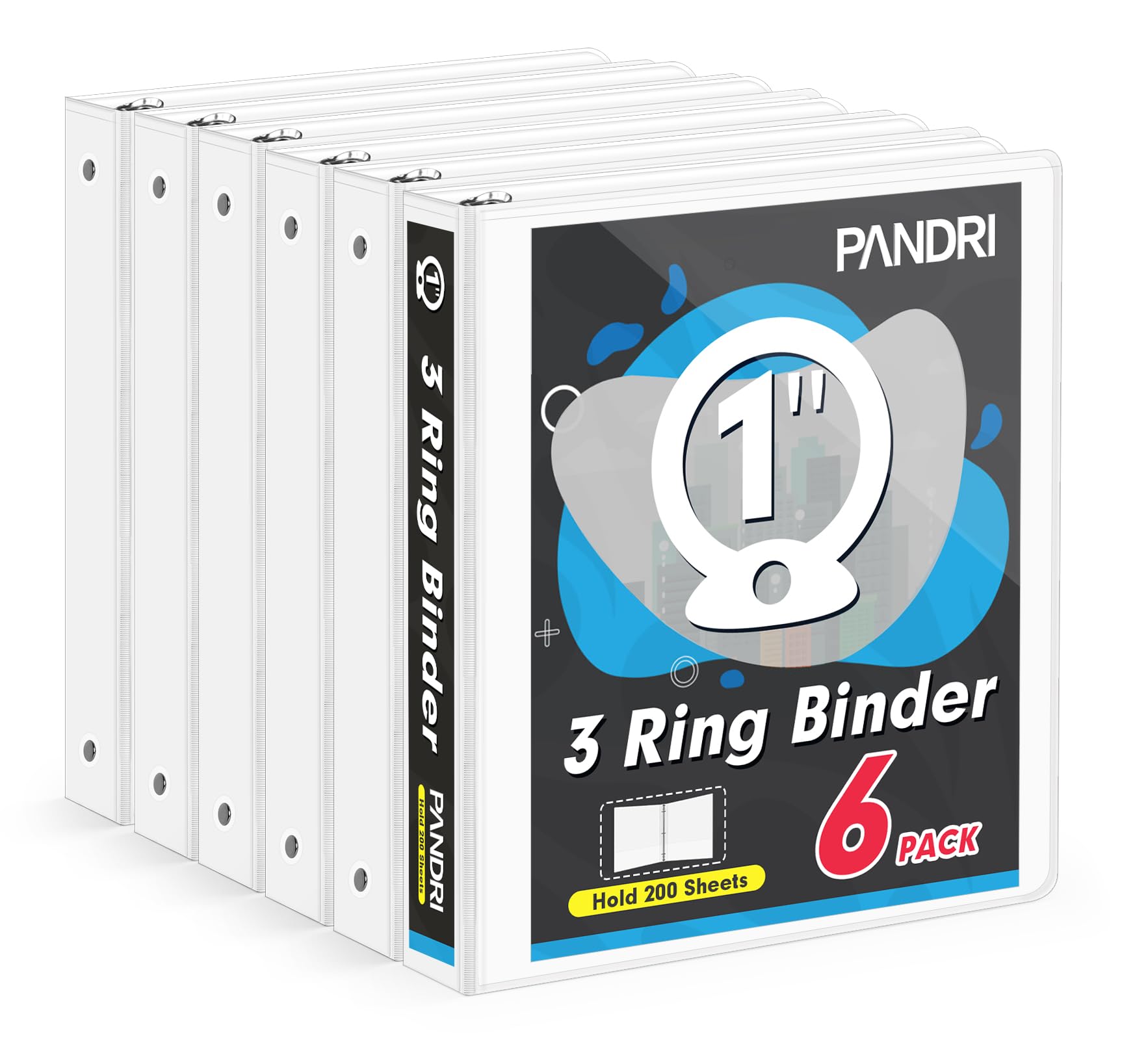 3 Ring Binder 1 Inch, PANDRI 6 Pack 1-Inch Binder Fits Letter Size 8.5'' x 11'' Paper, Versatile Binders for Office Home School, 2 Pockets, White