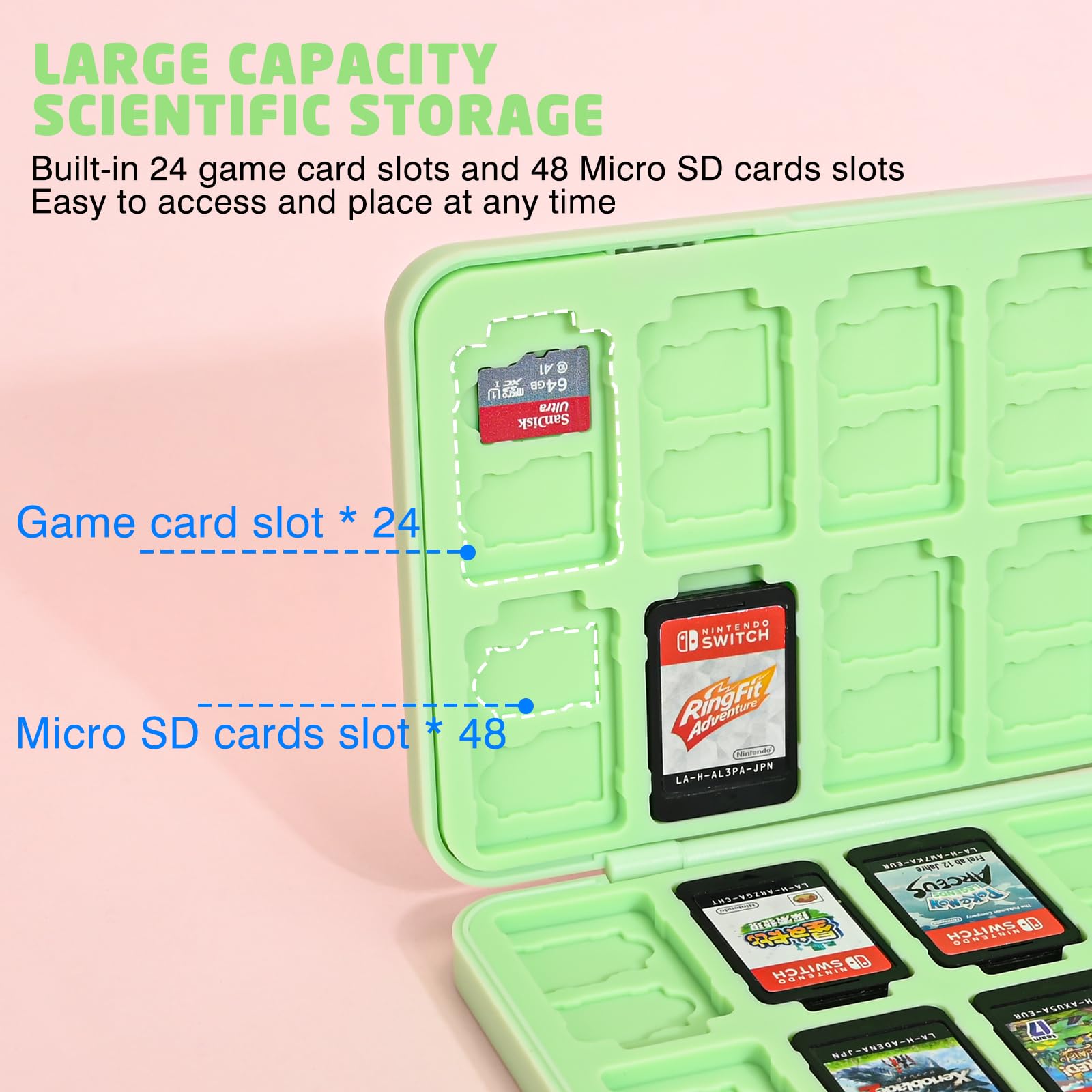 DLseego Game Card Case for Switch Lite/Switch/Switch OLED, Switch Game Cartridge Memory Card Portable Storage Box with 24 Game Card Slots and 48 Micro SD Card Slots-Pink Green