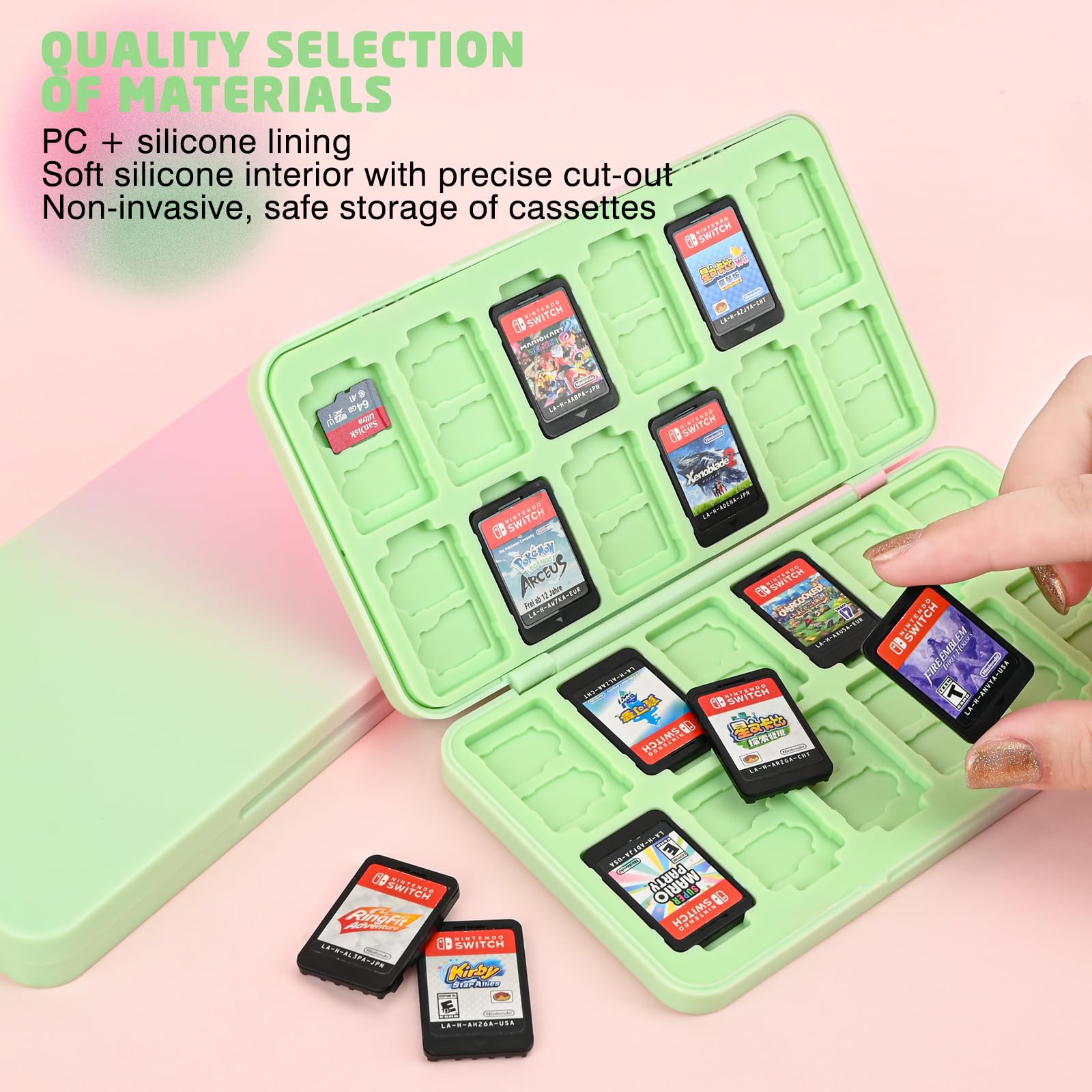 DLseego Game Card Case for Switch Lite/Switch/Switch OLED, Switch Game Cartridge Memory Card Portable Storage Box with 24 Game Card Slots and 48 Micro SD Card Slots-Pink Green