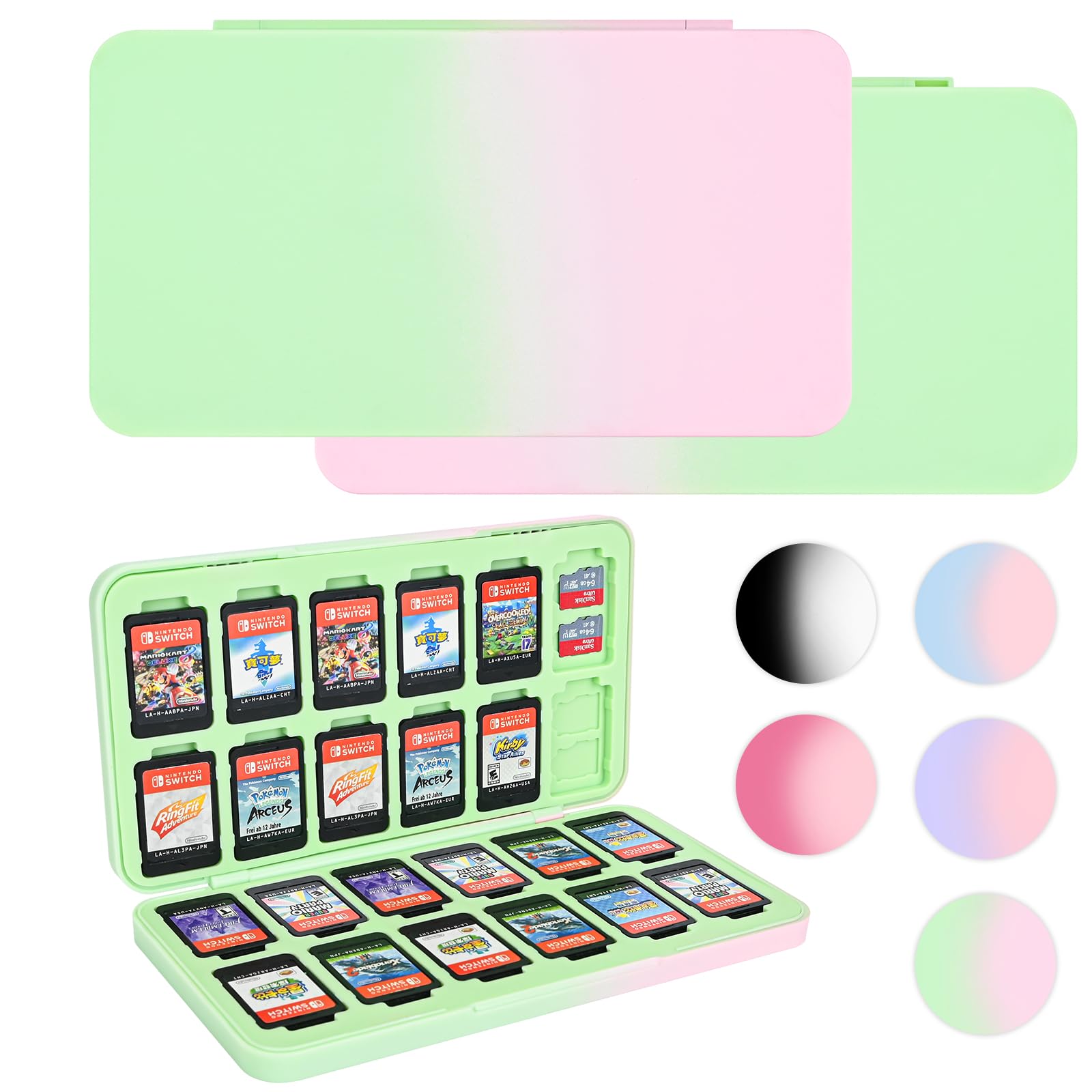 DLseego Game Card Case for Switch Lite/Switch/Switch OLED, Switch Game Cartridge Memory Card Portable Storage Box with 24 Game Card Slots and 48 Micro SD Card Slots-Pink Green