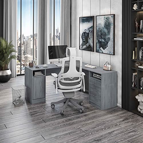 Techni Mobili Functional L-Shaped Computer Desk with storage, L is 59.5" wide x 59.5" Long, Grey