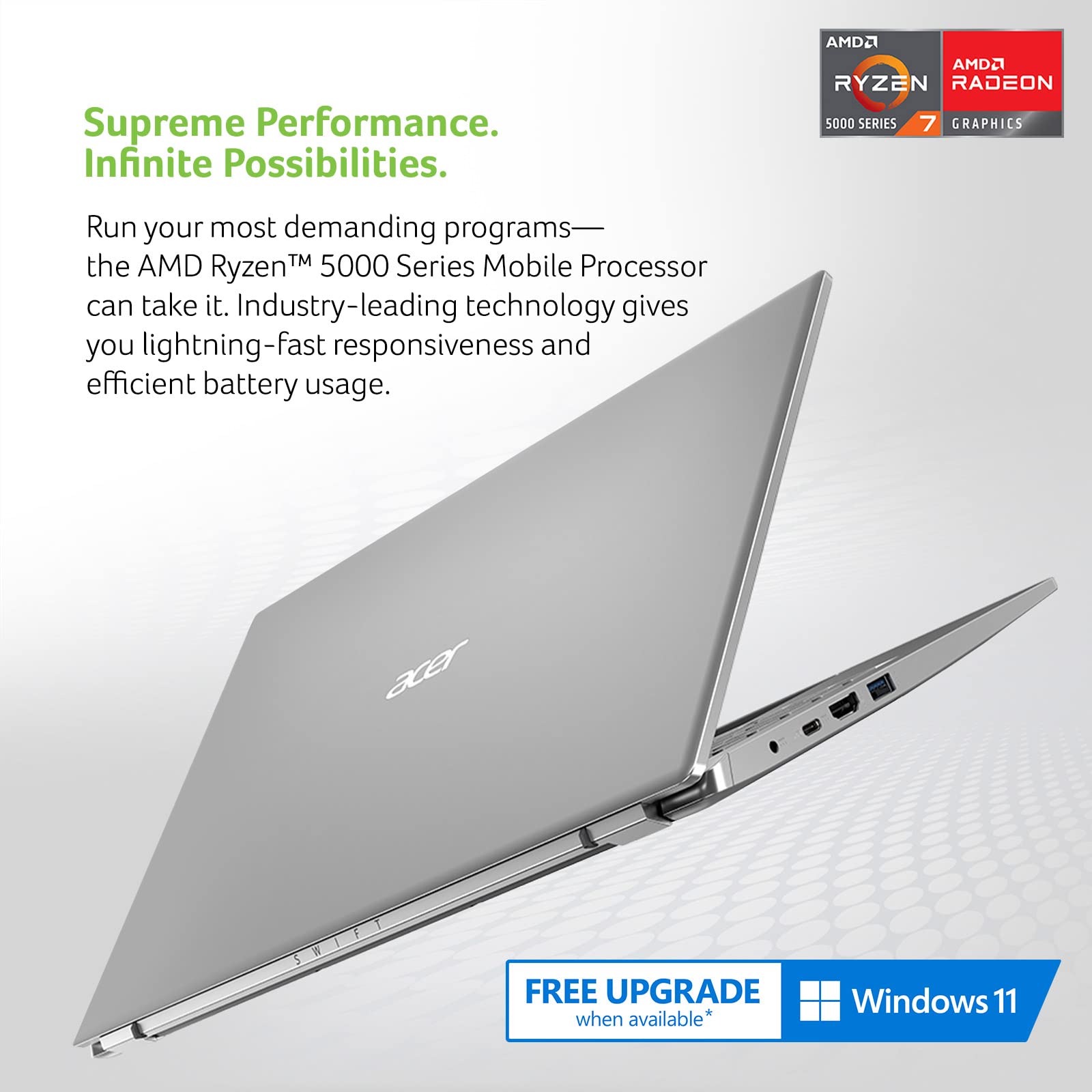 Acer Swift 3 Thin & Light Laptop | 14" Full HD IPS 100% sRGB Display | AMD Ryzen 7 5700U Octa-Core Processor | 8GB LPDDR4X | 512GB NVMe SSD | WiFi 6 | Backlit KB | FPR | Amazon Alexa | SF314-43-R2YY
