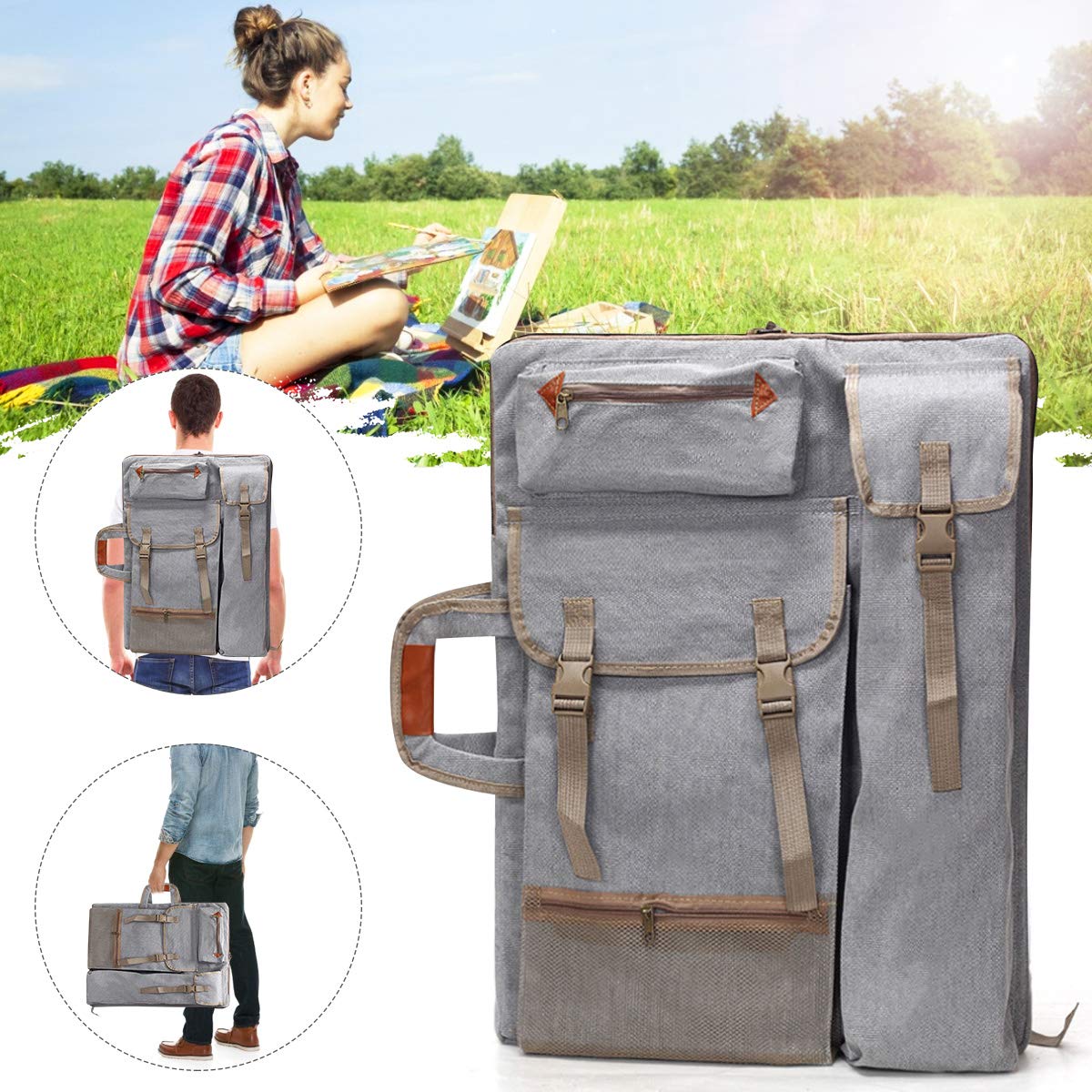 kucy 4K Artist Portfolio Drawing Board Bag Dual Use Backpack Case Tote Bag Shoulder Bag with Zipper for Artist Painter(Grey)