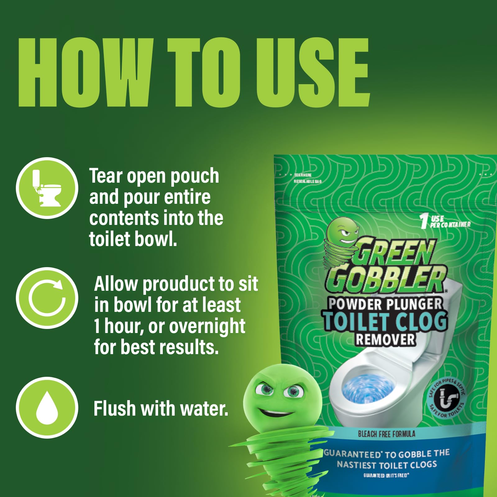Green Gobbler POWDER PLUNGER Toilet Bowl Clog Remover - 2 Pack Net WT 16.5 oz