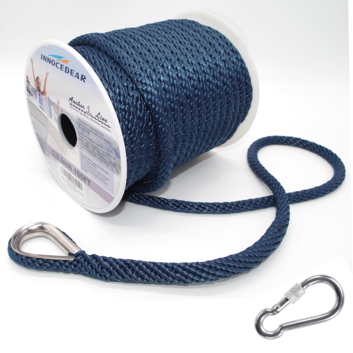 INNOCEDEAR Anchor Rope Braided Anchor Line(Navy, 3/8" x 100') Premium Solid Braid MFP Boat Rope with Stainless Steel Thimble, Quality Marine Rope, Boat Accessories