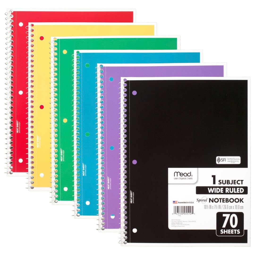 Mead Spiral Notebooks, 6 Pack, 1-Subject, Wide Ruled Paper, 10-1/2" x 8", 70 Sheets per Notebook, Assorted Colors (73063)