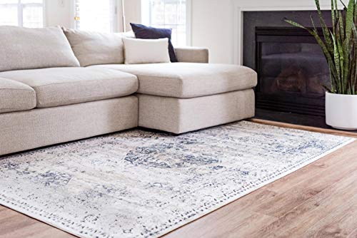 Unique Loom Chateau Collection High-Low Pile, Vintage, Traditional, Distressed, Medallion Area Rug (4' 0 x 6' 0 Rectangular, Beige/Navy Blue)