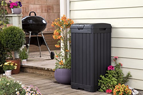 Keter Baltimore 38 Gallon Trash Can with Lid and Drip Tray for Easy Cleaning-Perfect for Patios, Kitchens, and Outdoor Entertaining, 38 Gallons, Black