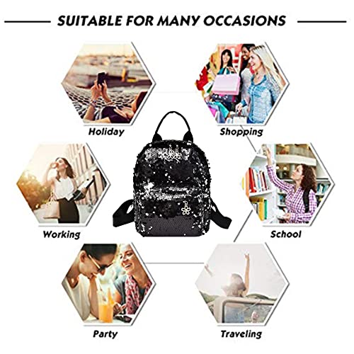 ZLMBAGUS Girls Shining Sequin Faux Leather Backpack Glittery Satchel Fashion Top Handle Shoulder Bag Daypack Purse Black