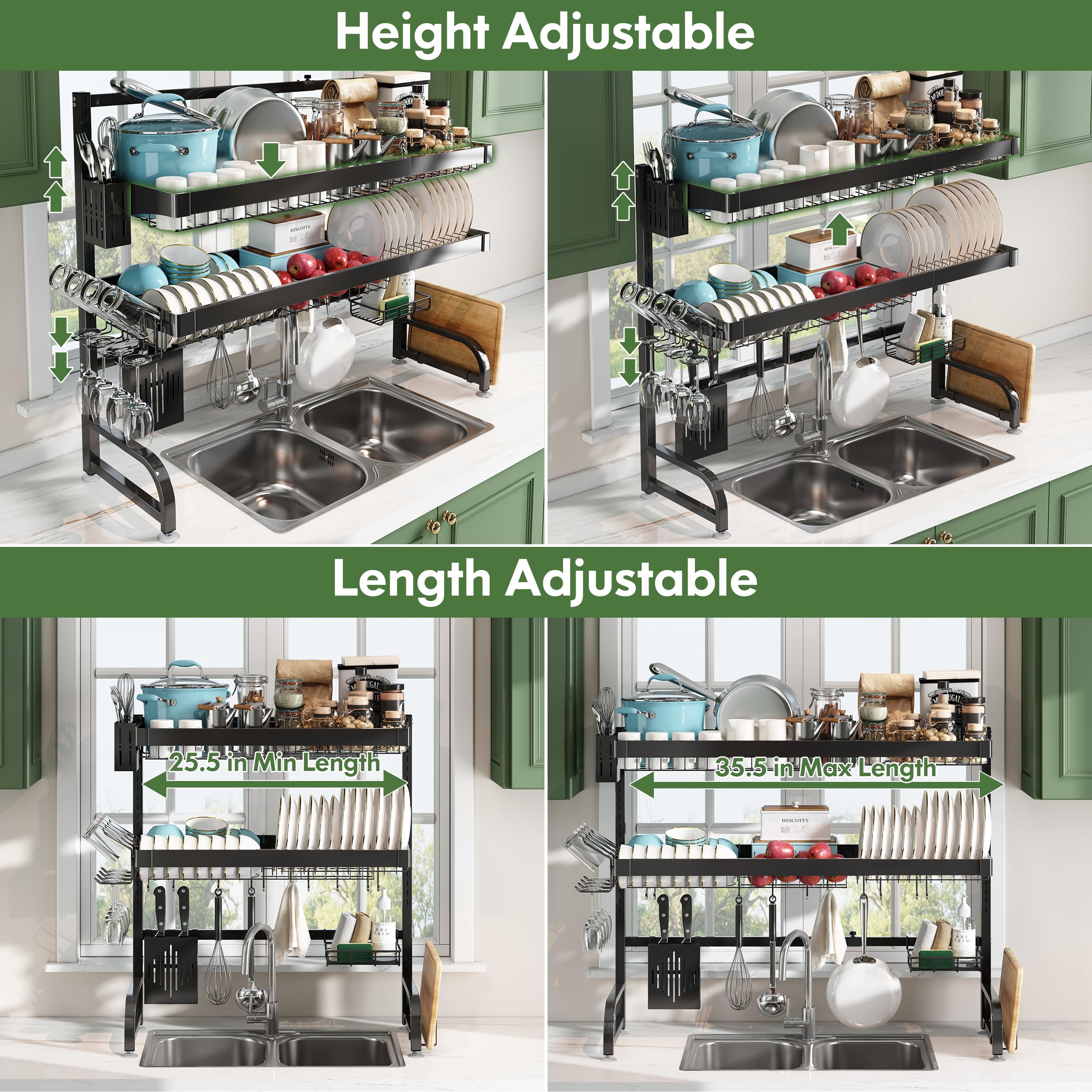 BOOSINY Over Sink Dish Drying Rack 3 Tier Full 304 Stainless Steel Above Sink Dish Drainer for Kitchen Shelf, Expandable Over The Shelf Storage Organization (Black - 25.5"-35.5")