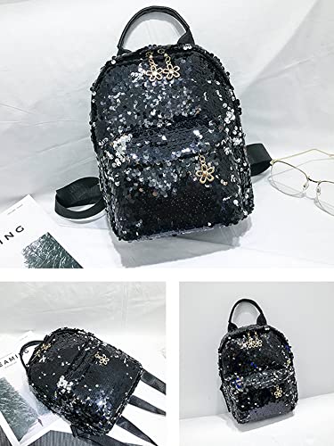 ZLMBAGUS Girls Shining Sequin Faux Leather Backpack Glittery Satchel Fashion Top Handle Shoulder Bag Daypack Purse Black