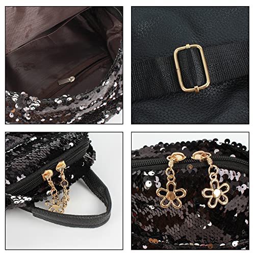 ZLMBAGUS Girls Shining Sequin Faux Leather Backpack Glittery Satchel Fashion Top Handle Shoulder Bag Daypack Purse Black