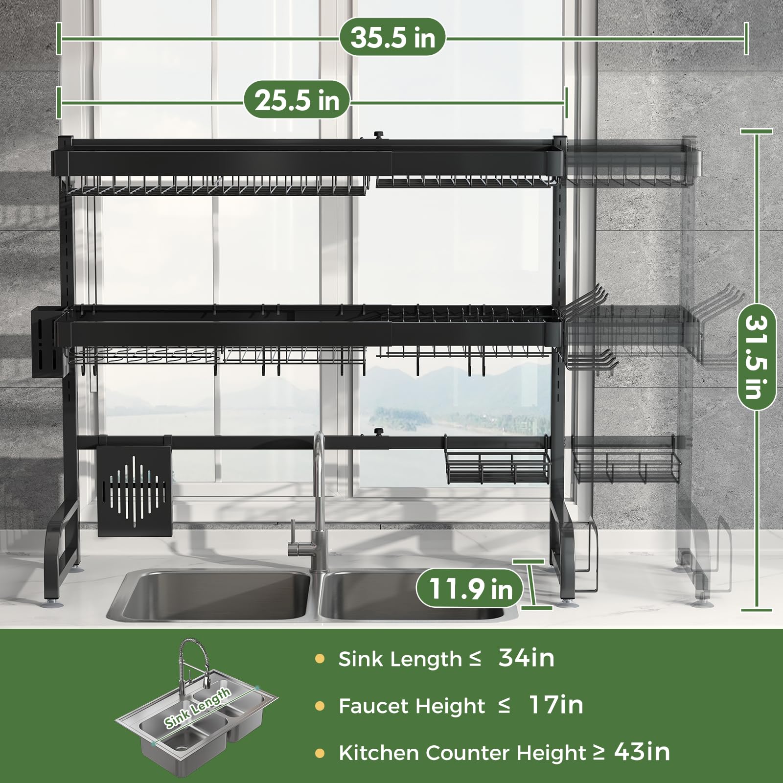 BOOSINY Over Sink Dish Drying Rack 3 Tier Full 304 Stainless Steel Above Sink Dish Drainer for Kitchen Shelf, Expandable Over The Shelf Storage Organization (Black - 25.5"-35.5")