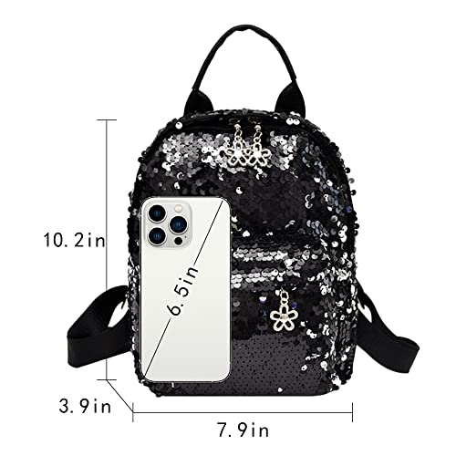 ZLMBAGUS Girls Shining Sequin Faux Leather Backpack Glittery Satchel Fashion Top Handle Shoulder Bag Daypack Purse Black