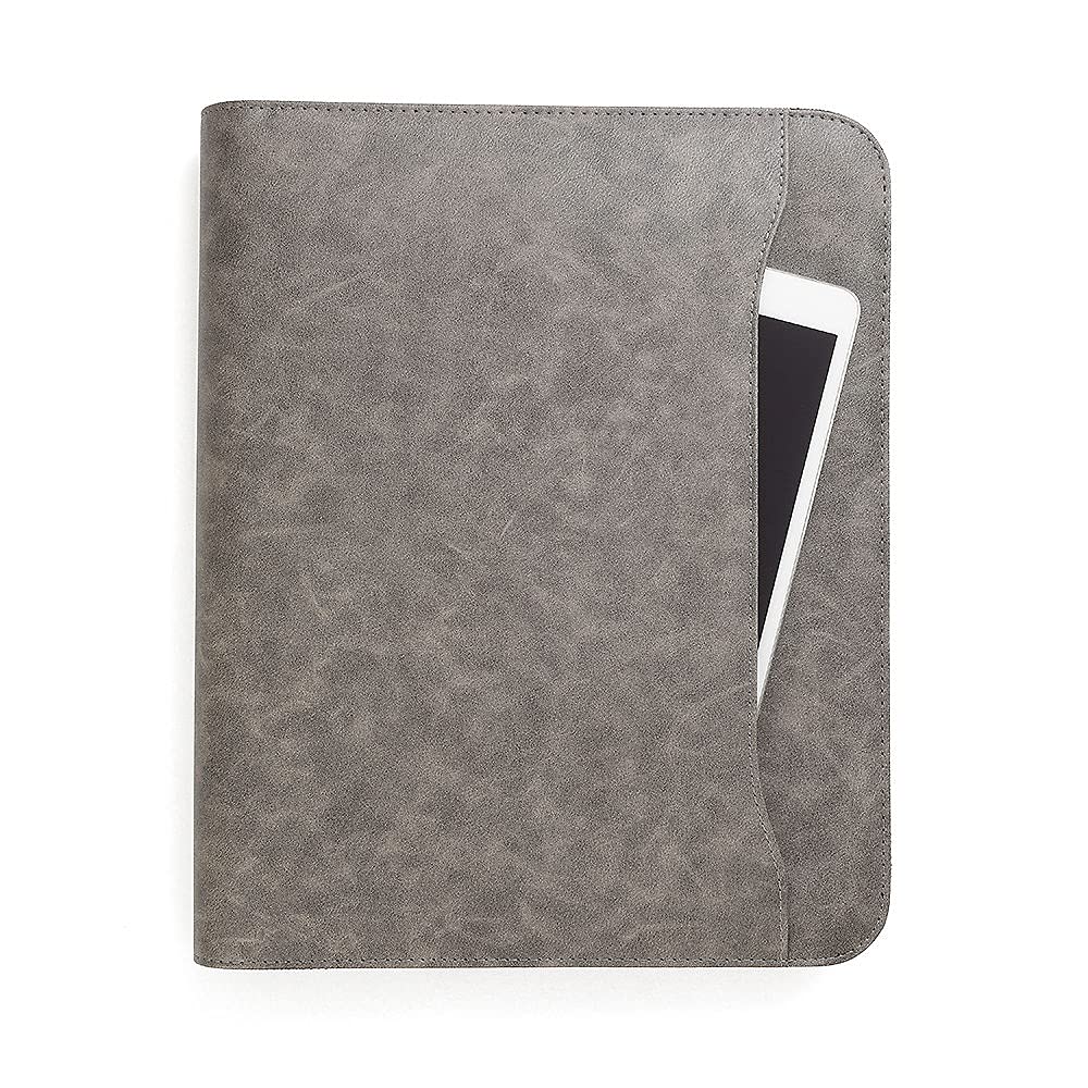 Forevermore Portfolios Padfolio Binder - Professional Faux Leather Travel Organizer Pouch for Tablet, Documents, Presentation Folders, Zipper Closure, Detachable 3-Ring Notepad - Gray