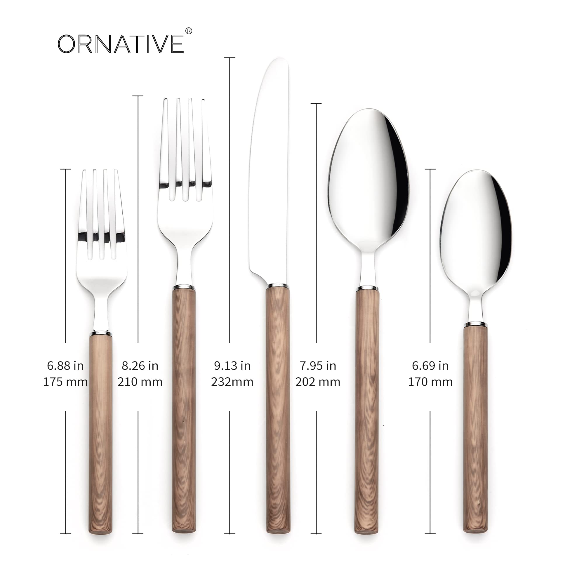 20 Piece Walnut Faux Wooden Handle Flatware Set For 4,Ornative Ivy Silverware Include Knifes, Forks, Spoons, Stainless Steel Cutlery Silverware Set, Dishwasher Safe Utensil for Home Kitchen Restaurant