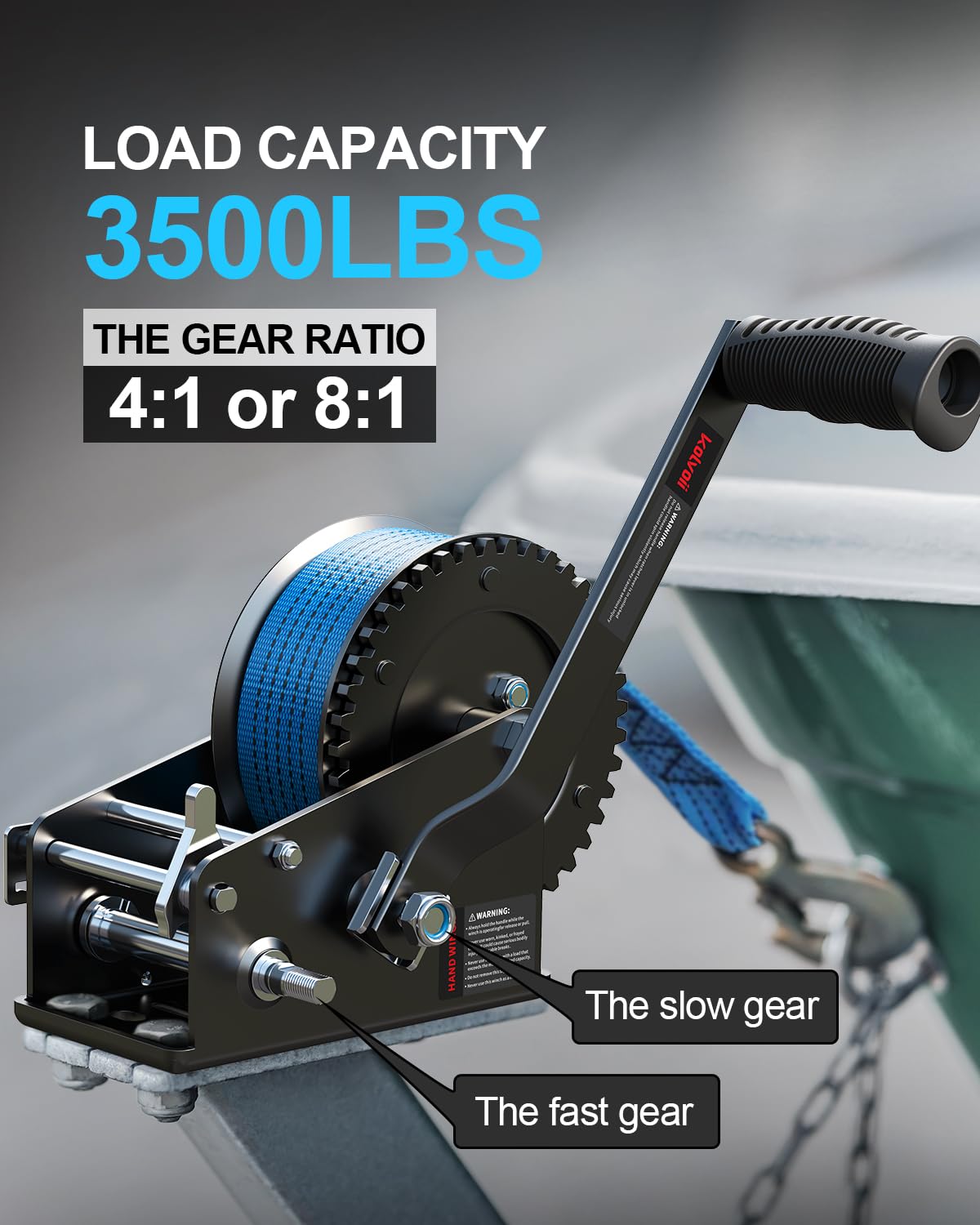 Kolvoii Boat Trailer Winch 3500lbs with 33ft(10M) Polyester Strap, Two Way Ratchet and Two Speed Switchable Hand Crank Winch for Boat Jet Ski Trailer Marine