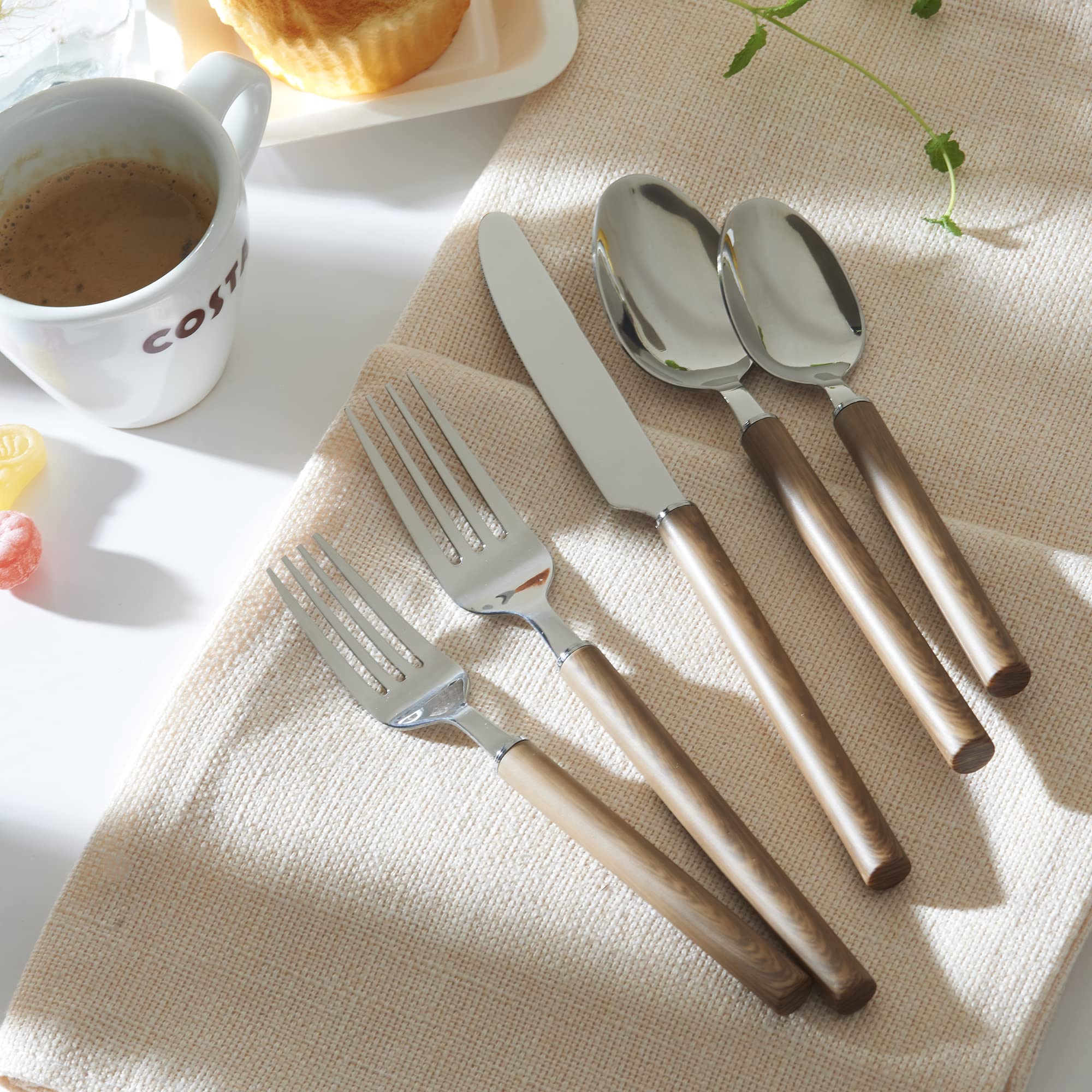 20 Piece Walnut Faux Wooden Handle Flatware Set For 4,Ornative Ivy Silverware Include Knifes, Forks, Spoons, Stainless Steel Cutlery Silverware Set, Dishwasher Safe Utensil for Home Kitchen Restaurant