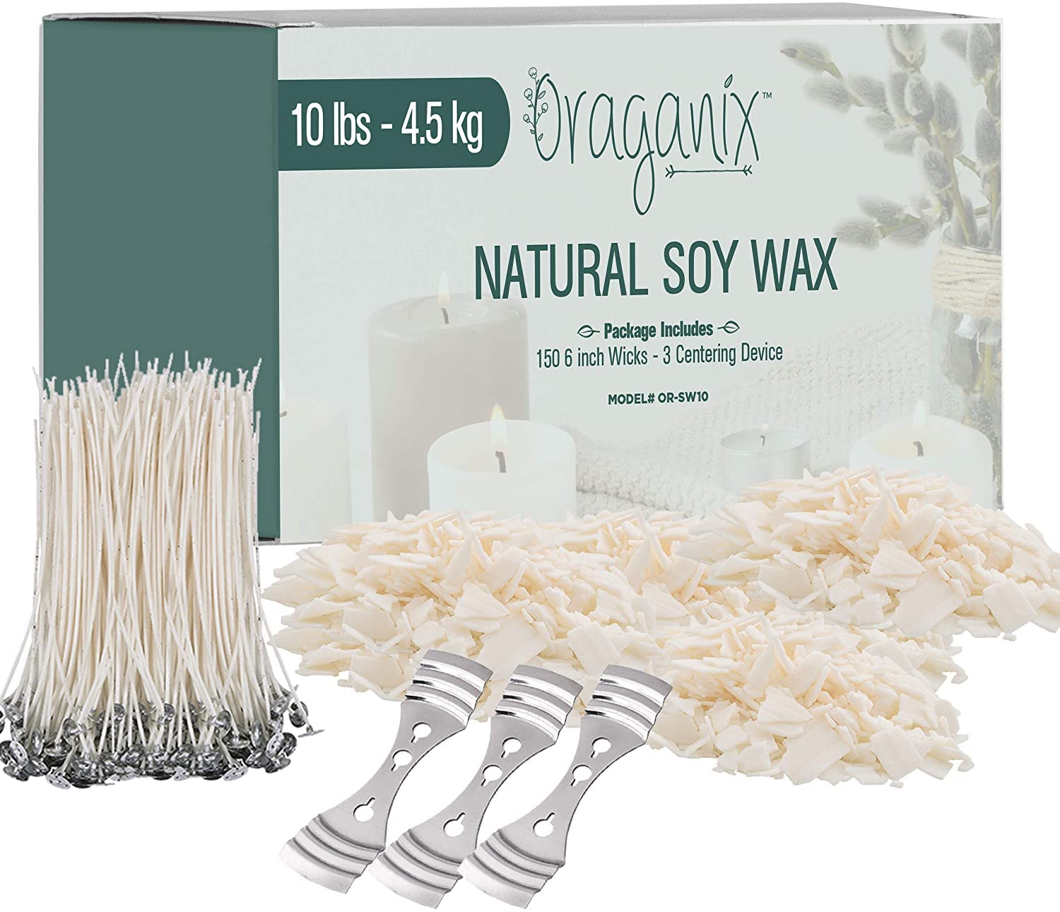 Oraganix DIY Candle Making Kit and Candle Making Supplies - 10 lbs Soy Candle Wax - 150 6-Inch Pre-Waxed Candle Wicks - 3 Metal Centering Devices - Bulk 10 lb Soy Wax Flakes