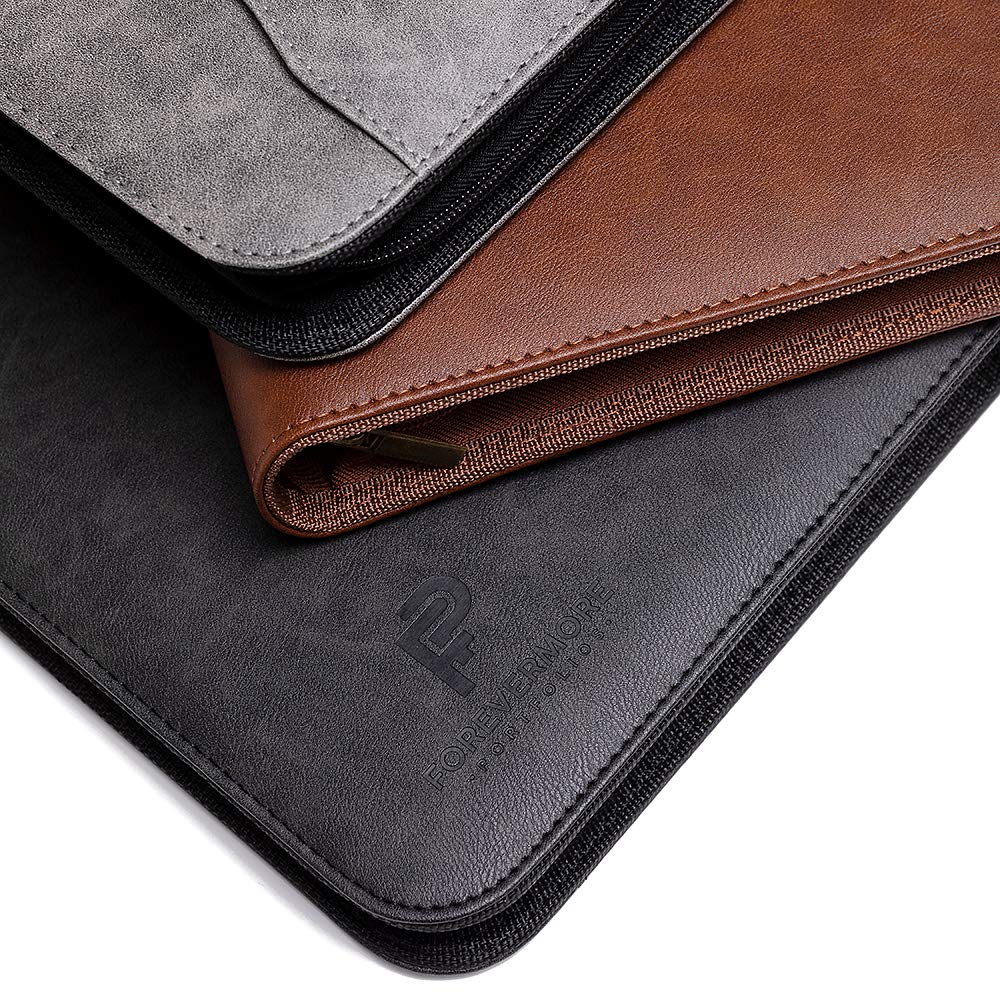 Forevermore Portfolios Padfolio Binder - Professional Faux Leather Travel Organizer Pouch for Tablet, Documents, Presentation Folders, Zipper Closure, Detachable 3-Ring Notepad - Gray