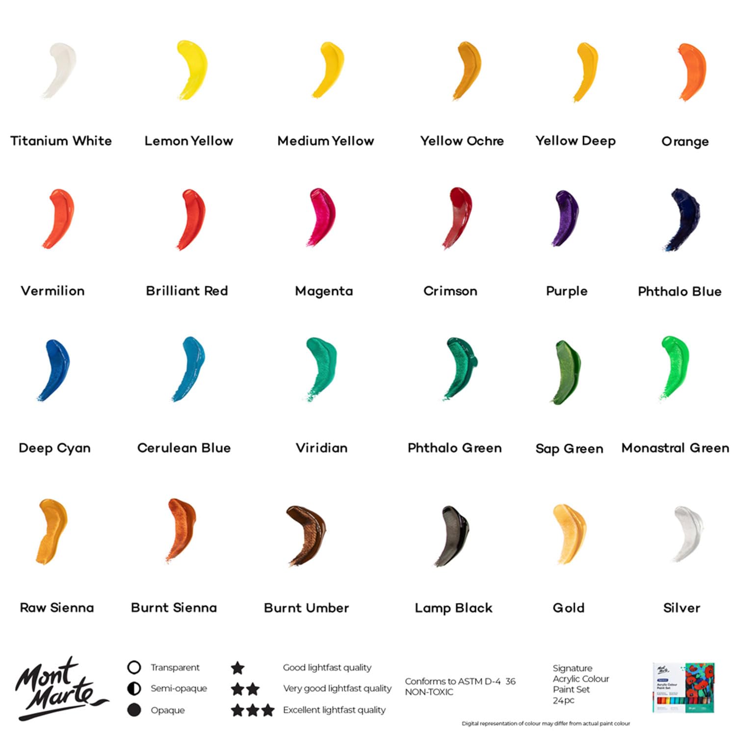 Mont Marte Acrylic Paint Set 24 Colours 36ml, Perfect for Canvas, Wood, Fabric, Leather, Cardboard, Paper, MDF and Crafts