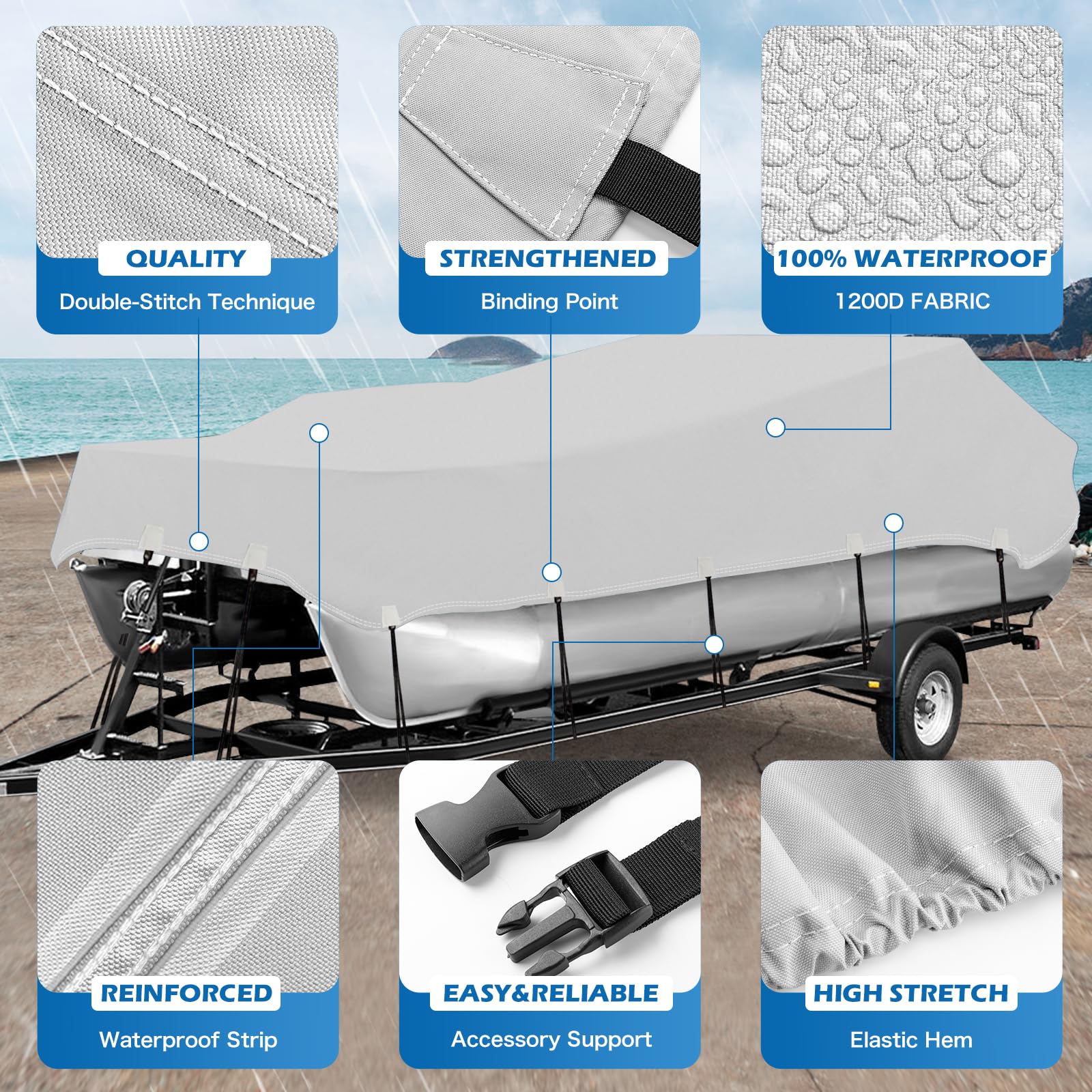 Solim Trailerable 1200D PU Heavy Duty Pontoon Boat Cover, 16-18ft Marine Grade Waterproof UV Resistant Oxford Polyester Canvas Cover, Boat Cover for Pontoon with Adjustable 16 Tie Down Straps, Gray