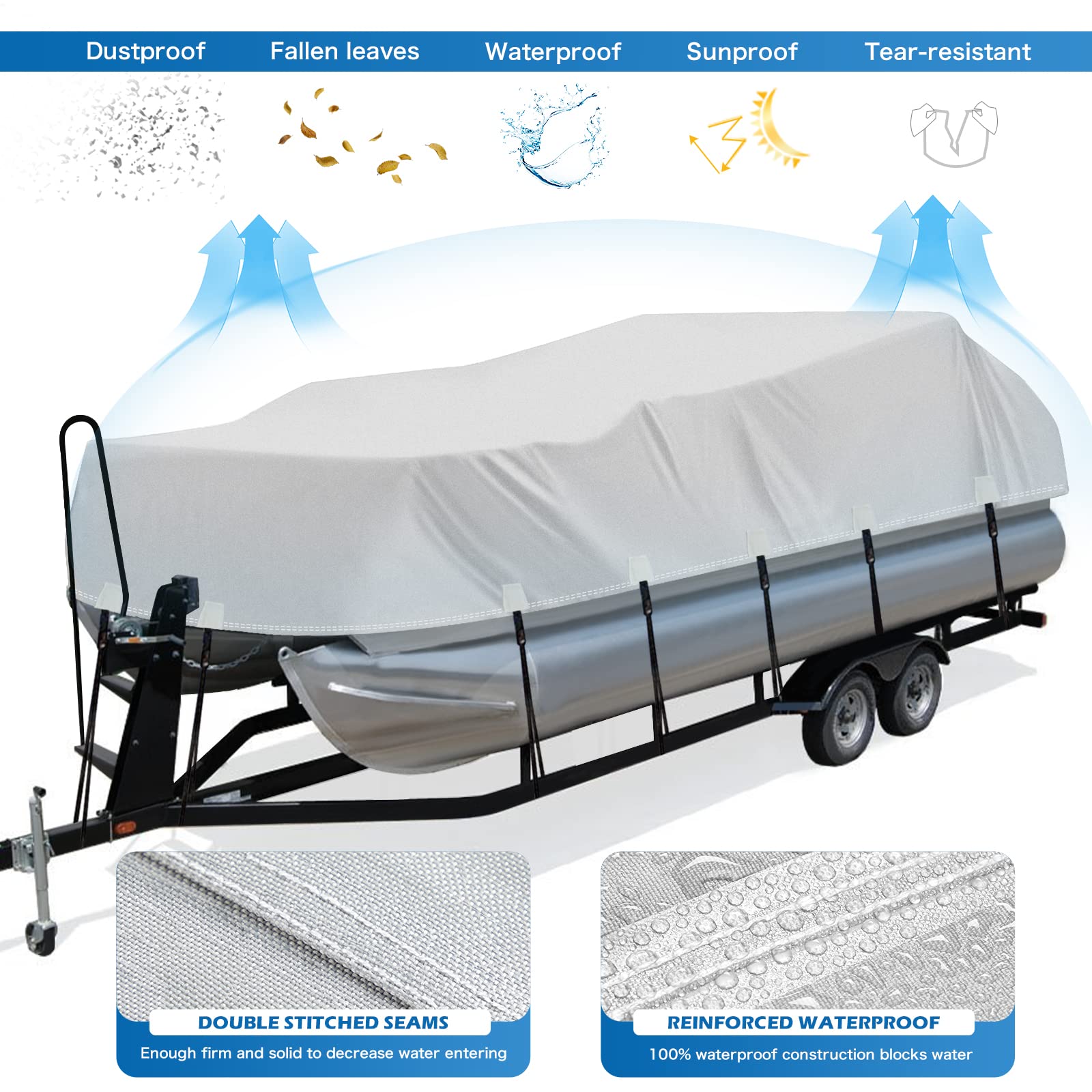 Solim Trailerable 1200D PU Heavy Duty Pontoon Boat Cover, 16-18ft Marine Grade Waterproof UV Resistant Oxford Polyester Canvas Cover, Boat Cover for Pontoon with Adjustable 16 Tie Down Straps, Gray