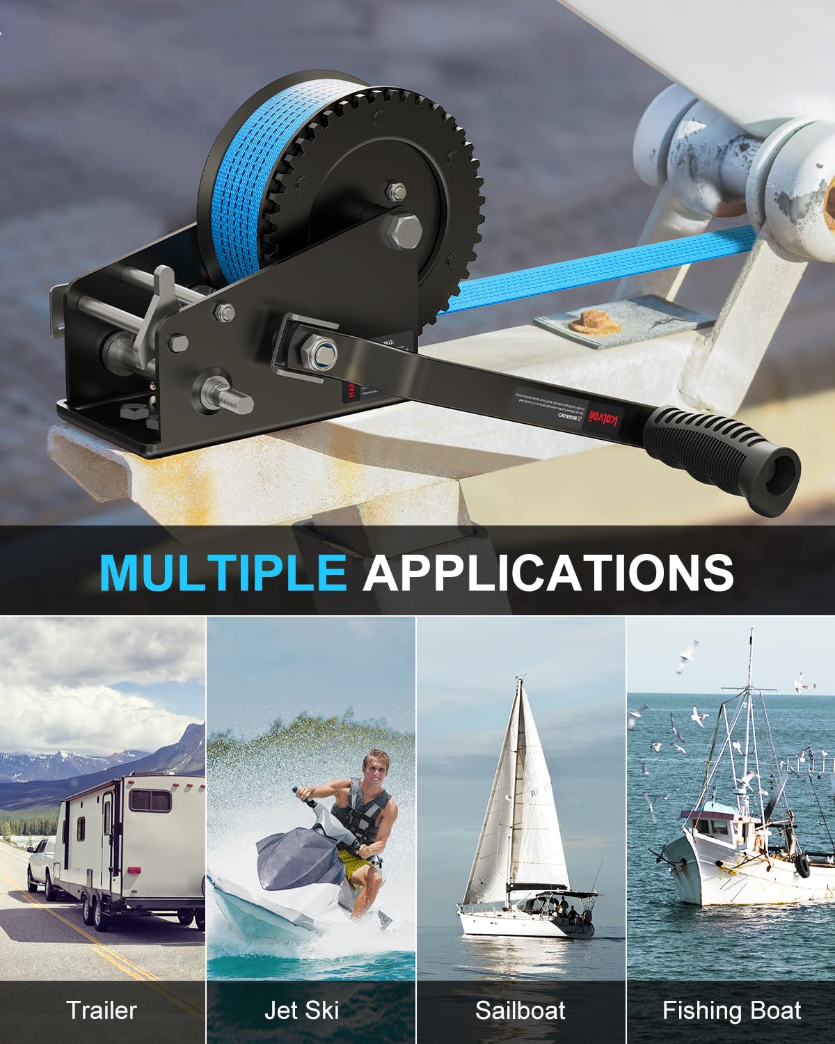 Kolvoii Boat Trailer Winch 3500lbs with 33ft(10M) Polyester Strap, Two Way Ratchet and Two Speed Switchable Hand Crank Winch for Boat Jet Ski Trailer Marine
