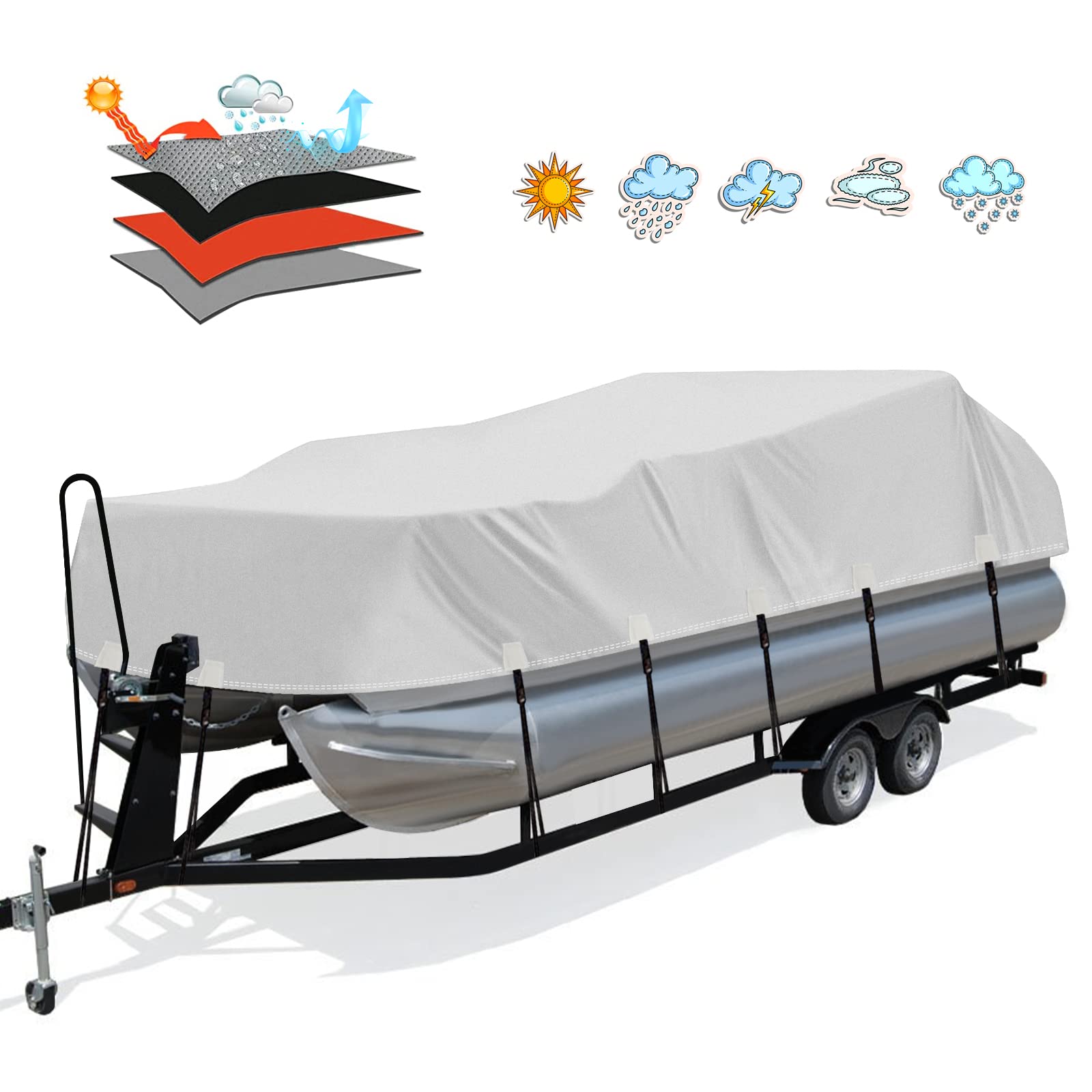 Solim Trailerable 1200D PU Heavy Duty Pontoon Boat Cover, 16-18ft Marine Grade Waterproof UV Resistant Oxford Polyester Canvas Cover, Boat Cover for Pontoon with Adjustable 16 Tie Down Straps, Gray