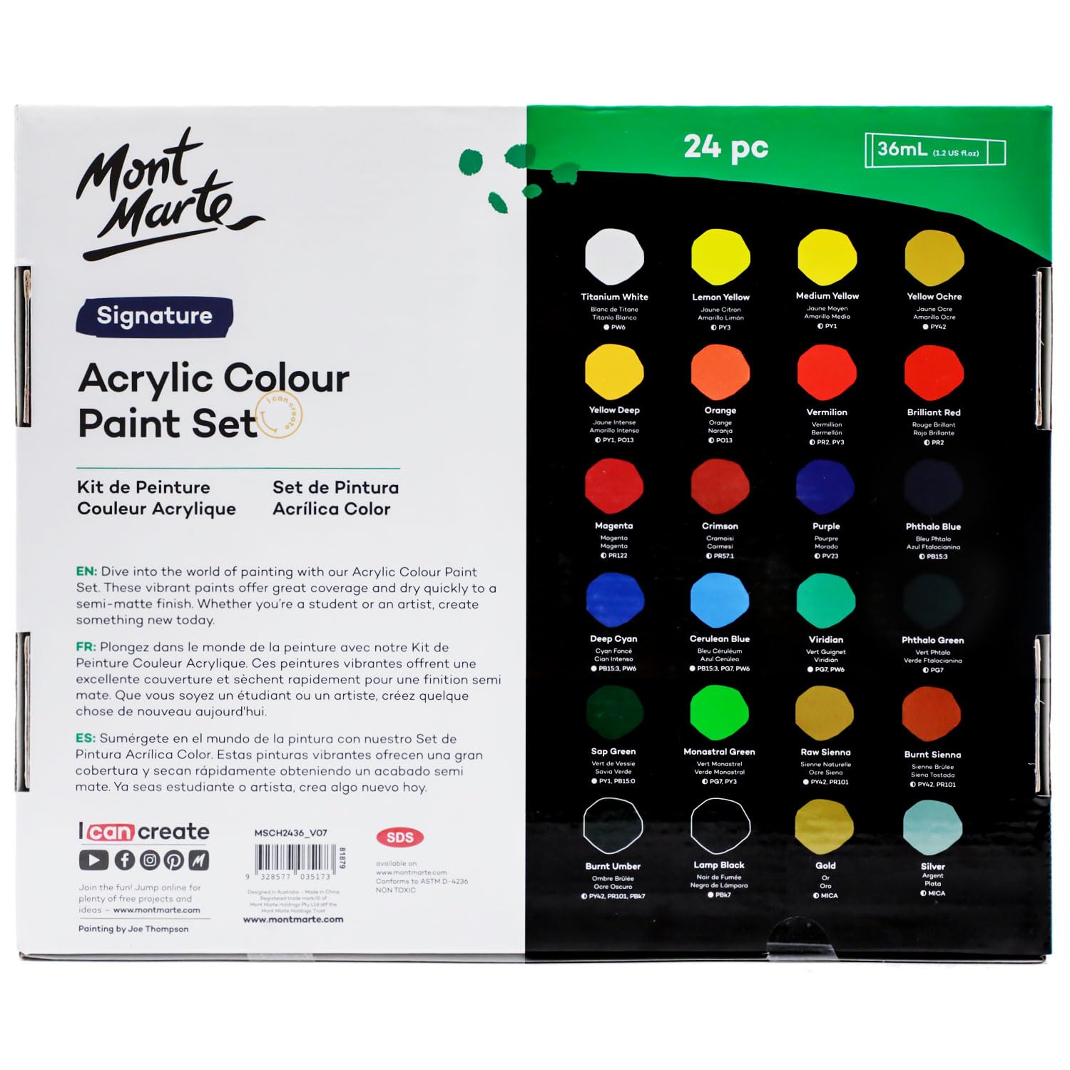Mont Marte Acrylic Paint Set 24 Colours 36ml, Perfect for Canvas, Wood, Fabric, Leather, Cardboard, Paper, MDF and Crafts