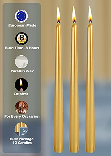 12 Pack Tall Metallic Taper Candles - 10 Inch Gold Painted Metallic, Dripless, Unscented Dinner Candle - Paraffin Wax with Cotton Wicks - Individually Wrapped