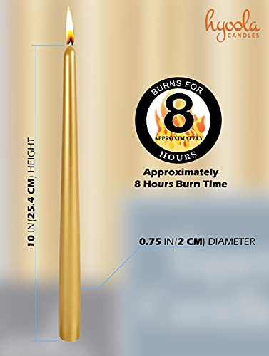 12 Pack Tall Metallic Taper Candles - 10 Inch Gold Painted Metallic, Dripless, Unscented Dinner Candle - Paraffin Wax with Cotton Wicks - Individually Wrapped