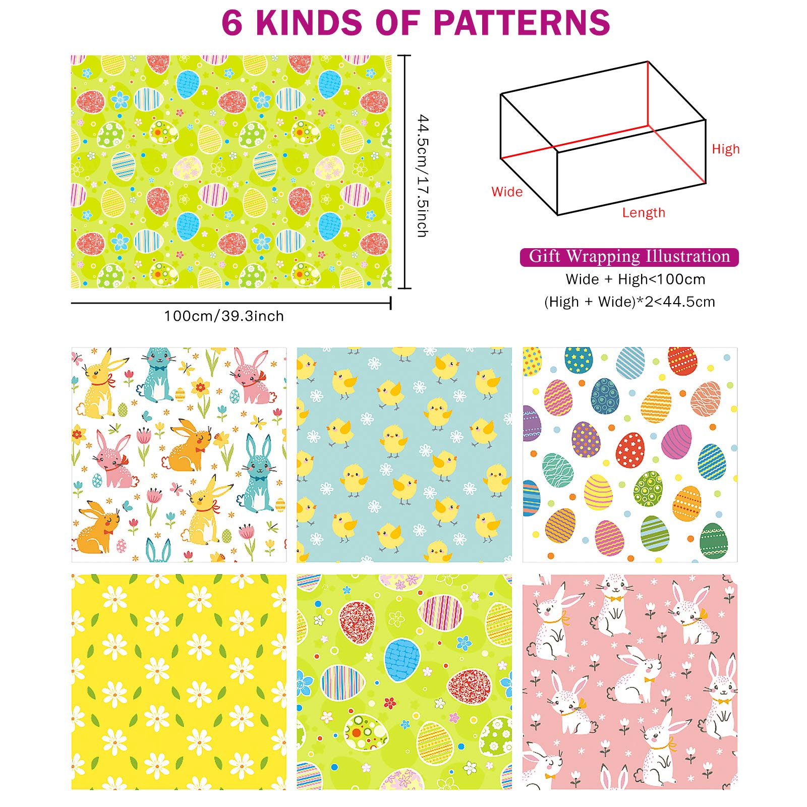 WRAPAHOLIC Wrapping Paper Sheet - Spring Easter Pattern for Birthday, Holiday, Party, Baby Shower - 1 Roll Contains 6 Sheets - 17.5 inch X 39.3 inch Per Sheet