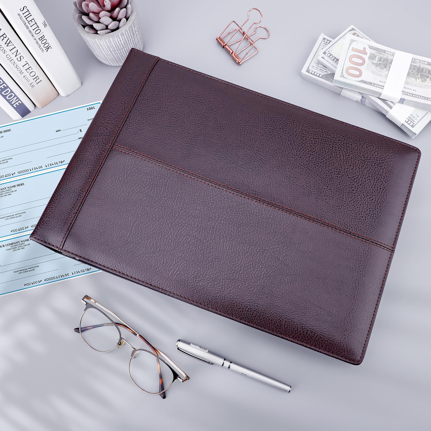 Antner 7 Ring Business Checkbook Binder for Business Checks, 600 Sheets Capacity, PU Leather Check Book Binder Cover with Zipper Pouch, Executive Organizer Portfolio Holder for 9" x 13" Sheets, Coffee
